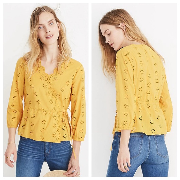 Madewell | Tops | Madewell Scalloped Eyelet Wrap Top In Mustard Yellow ...